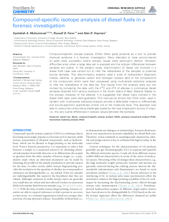 (PDF) Compound-Specific Isotope Analysis of Diesel Fuels in a Forensic Investigation