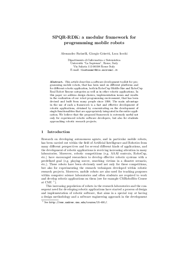 (PDF) SPQR-RDK: A Modular Framework for Programming Mobile Robots