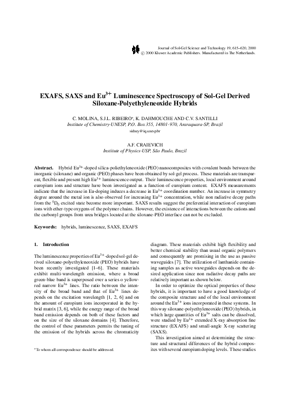 (PDF) EXAFS, SAXS and Eu 3+ Luminescence Spectroscopy of Sol-Gel ...