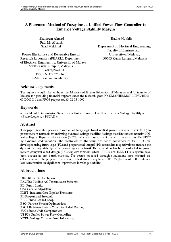 Pdf A Placement Method Of Fuzzy Based Unified Power Flow Controller
