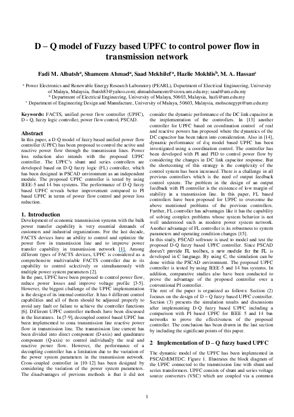 (PDF) D-Q model of Fuzzy based UPFC to control power flow in transmission network