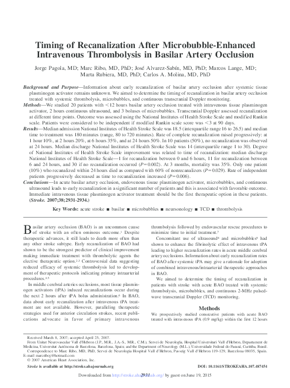 (PDF) Timing of Recanalization After Microbubble-Enhanced Intravenous ...