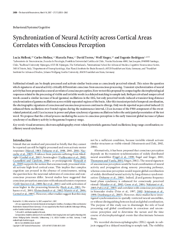 (PDF) Synchronization of Neural Activity across Cortical Areas ...