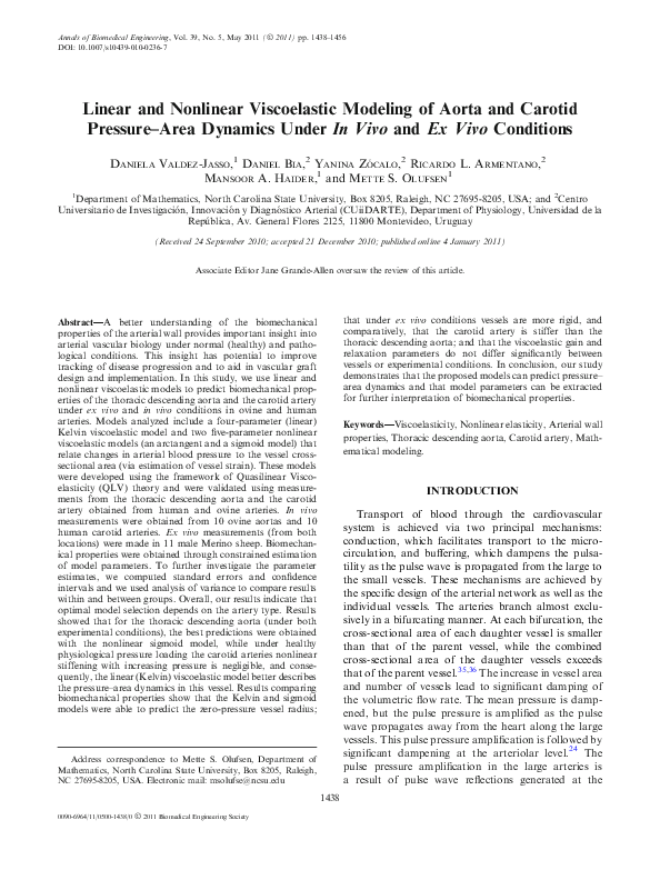 Pdf Linear And Nonlinear Viscoelastic Modeling Of Aorta And Carotid