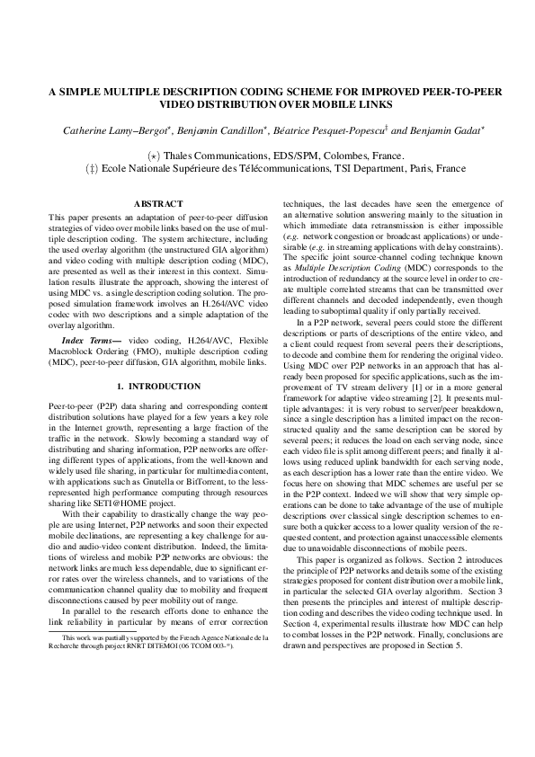 Pdf A Simple Multiple Description Coding Scheme For Improved Peer To
