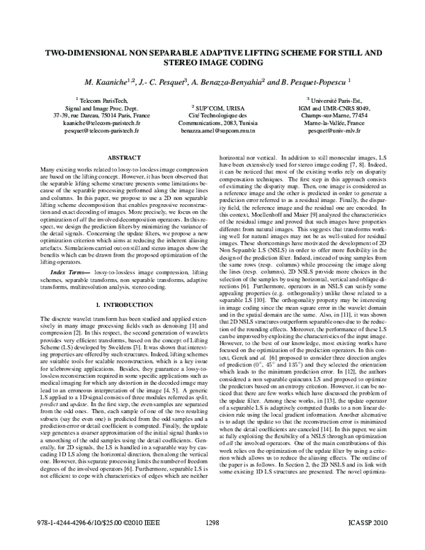 Pdf Two Dimensional Non Separable Adaptive Lifting Scheme For Still And Stereo Image Coding