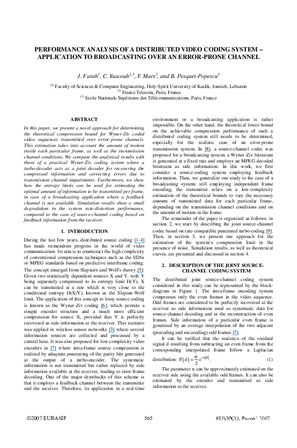 (PDF) Performance analysis of a distributed video coding system—application to broadcasting over ...