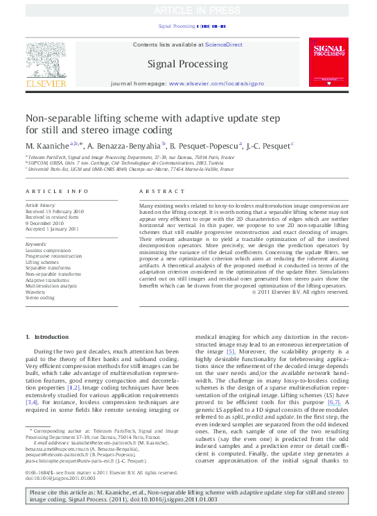 Pdf Non Separable Lifting Scheme With Adaptive Update Step For Still And Stereo Image Coding