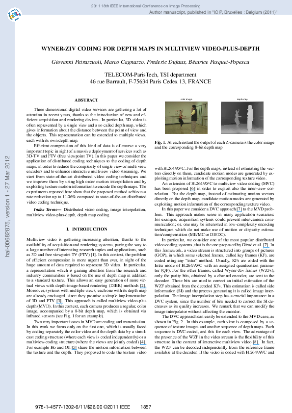 (PDF) Wyner-ziv coding for depth maps in multiview video-plus-depth