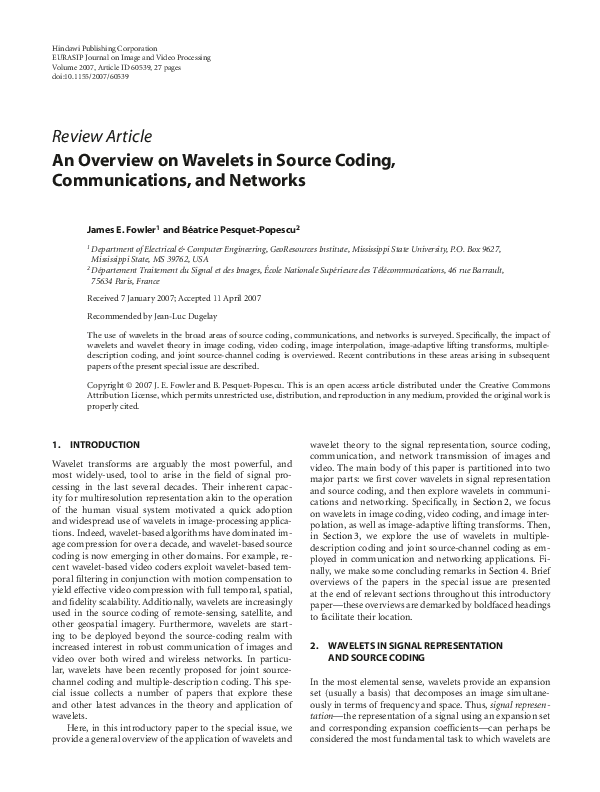 Pdf An Overview On Wavelets In Source Coding Communications And Networks