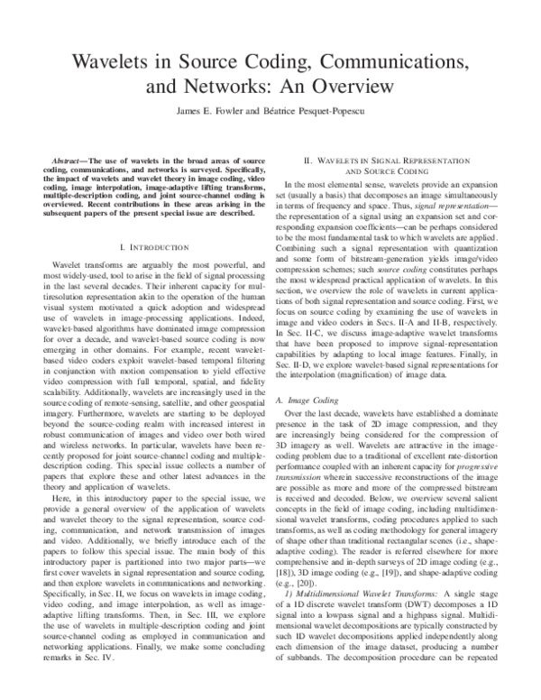 Pdf Wavelets In Source Coding Communications And Networks An Overview