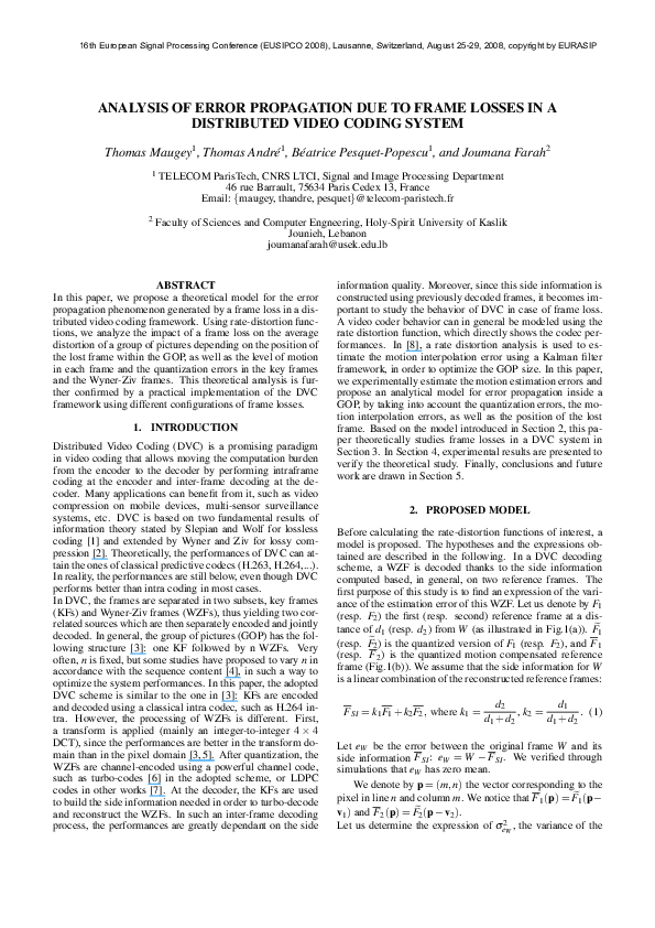 (PDF) Analysis of error propagation due to frame losses in a distributed video coding system