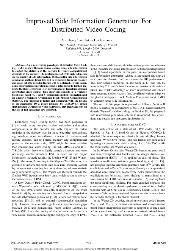 (PDF) An improved side information generation for distributed video coding