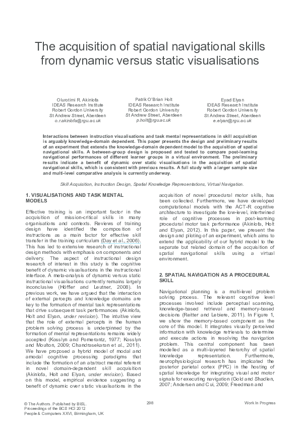 Pdf The Acquisition Of Spatial Navigational Skills From Dynamic Versus Static Visualisations