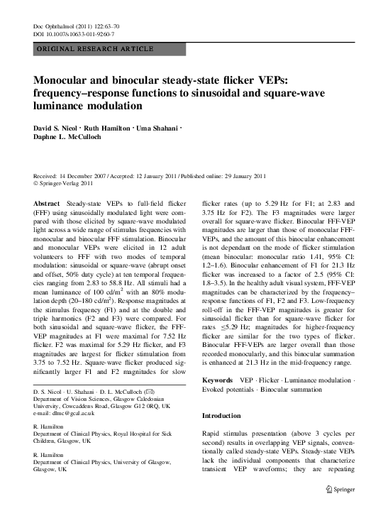 Pdf Monocular And Binocular Steady State Flicker Veps Frequency Response Functions To