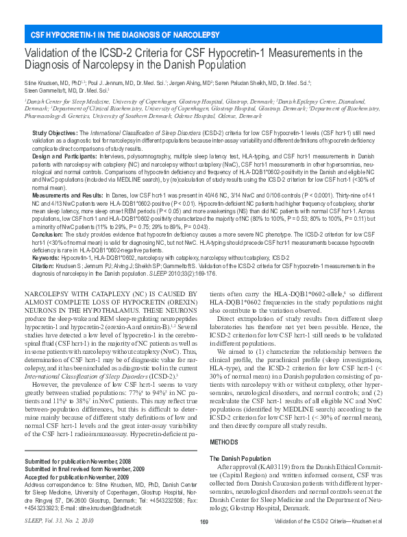 (PDF) Validation of the ICSD-2 criteria for CSF hypocretin-1 ...