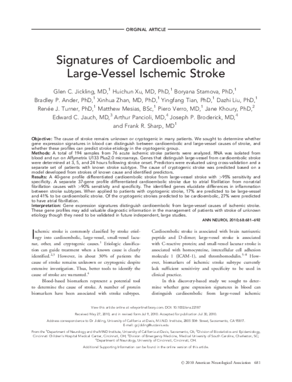(PDF) Signatures of cardioembolic and large-vessel ischemic stroke