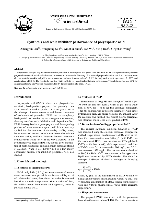 (PDF) Synthesis and scale inhibitor performance of polyaspartic acid