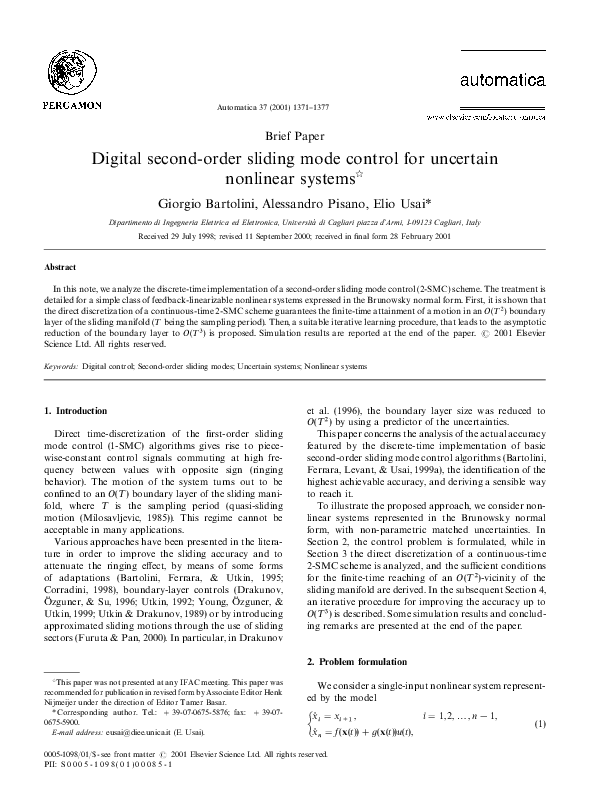 (PDF) Digital second-order sliding mode control for uncertain nonlinear systems