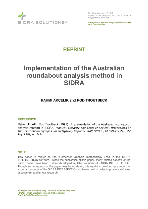(PDF) Implementation of the Australian roundabout analysis method in SIDRA