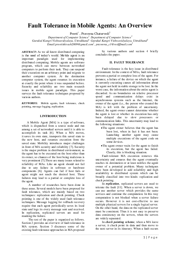 (PDF) Fault Tolerance in Mobile Agents: An Overview | Preeti Shivach - Academia.edu