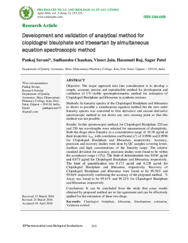 (PDF) DEVELOPMENT AND VALIDATION OF ANALYTICAL METHOD FOR CLOPIDOGREL BISULPHATE AND IRBESARTAN ...