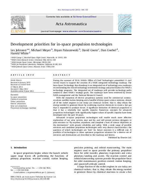 (PDF) Development priorities for in-space propulsion technologies