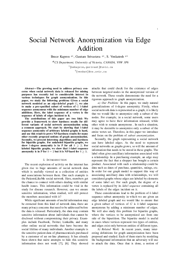 (PDF) Social Network Anonymization via Edge Addition