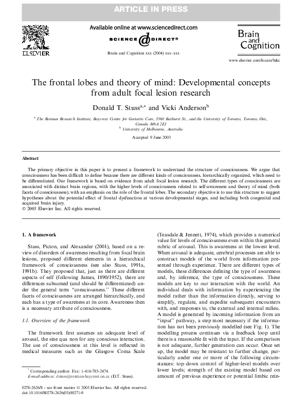 (PDF) The frontal lobes and theory of mind: Developmental concepts from ...