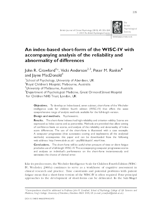 (PDF) An index-based short-form of the WISC-IV with accompanying ...