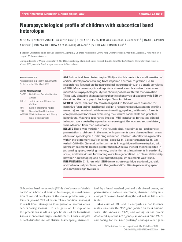 (PDF) Neuropsychological profile of children with subcortical band ...