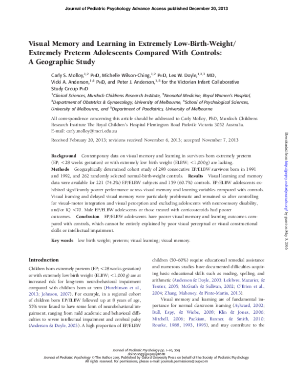 (PDF) Visual Memory and Learning in Extremely Low-Birth-Weight ...