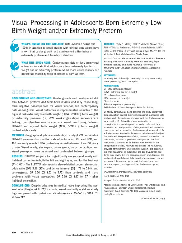 (PDF) Visual Processing in Adolescents Born Extremely Low Birth Weight and/or Extremely Preterm