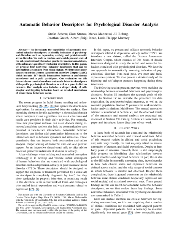 (PDF) Automatic behavior descriptors for psychological disorder analysis