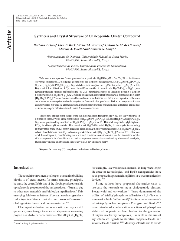 (PDF) Synthesis and crystal structure of chalcogenide cluster compound