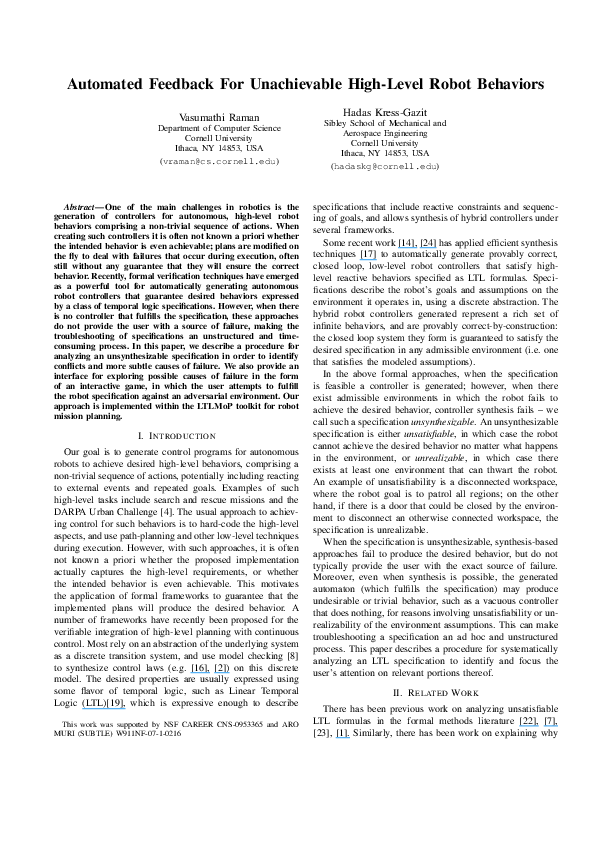 (PDF) Diagnosing Unsynthesizable Robot Behaviors