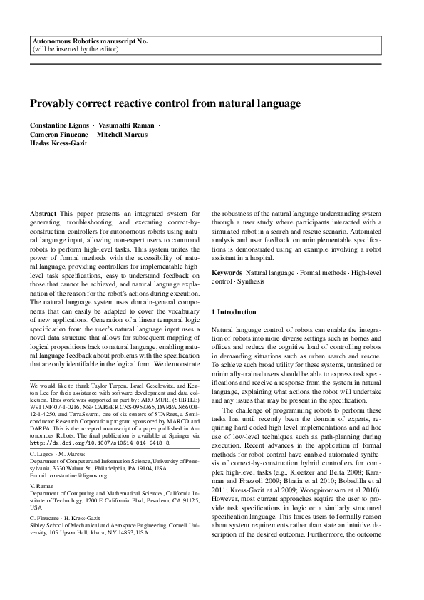(PDF) Provably correct reactive control from natural language