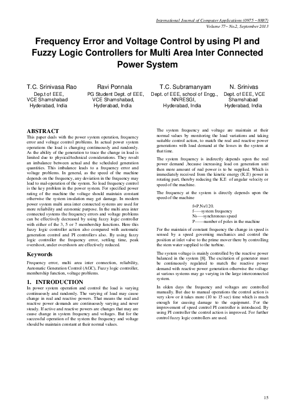 (PDF) Frequency Error and Voltage Control by using PI and Fuzzy Logic Controllers for Multi Area ...