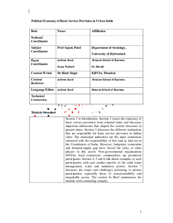 (PDF) Political Economy of Basic Service Provision in Urban India