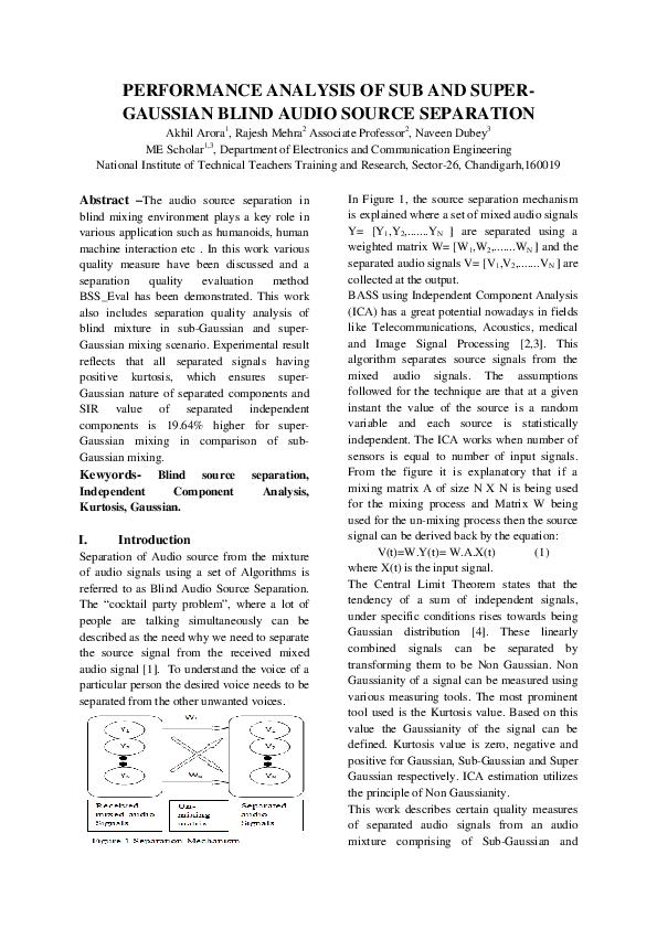 Pdf Performance Analysis Of Sub And Super Gaussian Blind Audio Source Separation Naveen