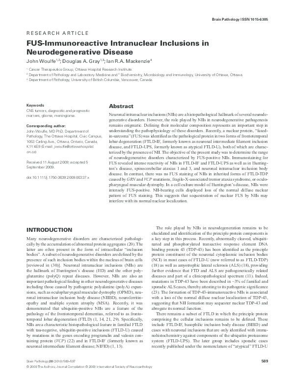 (PDF) FUS-Immunoreactive Intranuclear Inclusions in Neurodegenerative ...