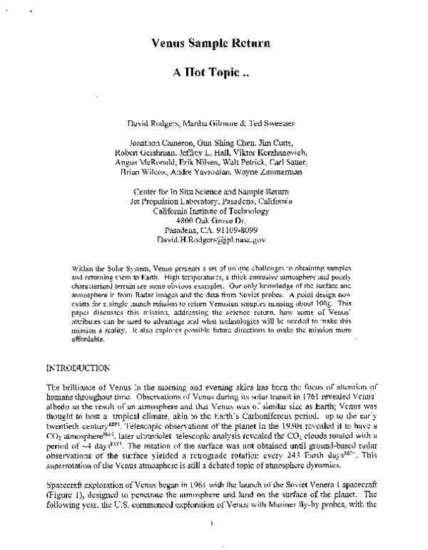 (PDF) Venus sample return. A hot topic
