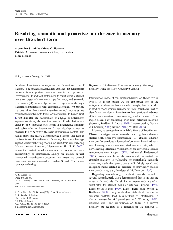 Pdf Resolving Semantic And Proactive Interference In Memory Over The