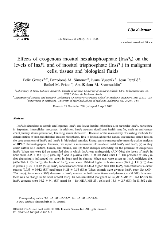(PDF) Effects of exogenous inositol hexakisphosphate (InsP6) on the ...