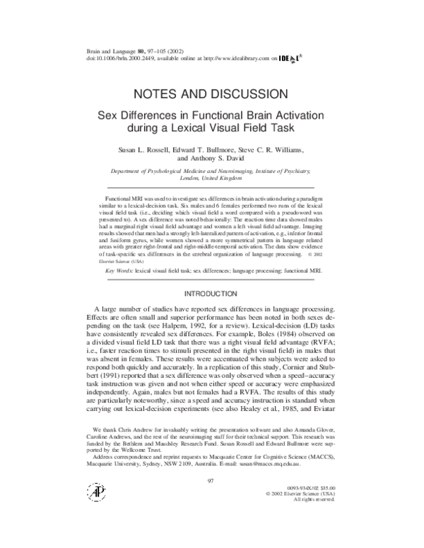 Pdf Brain Activation Sex Differences In Lexical Decision Task