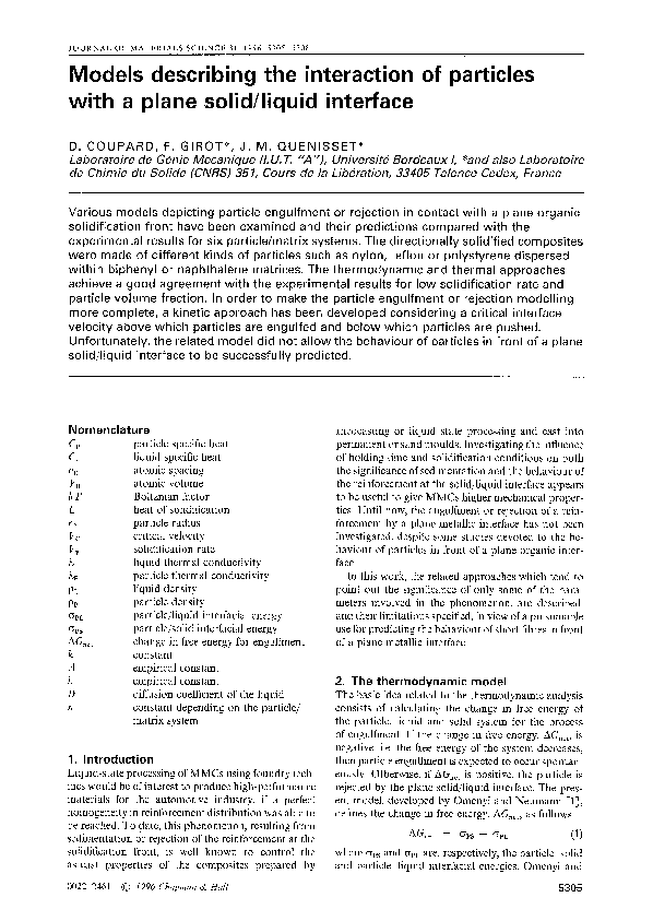 (PDF) Models describing the interaction of particles with a plane solid/liquid interface