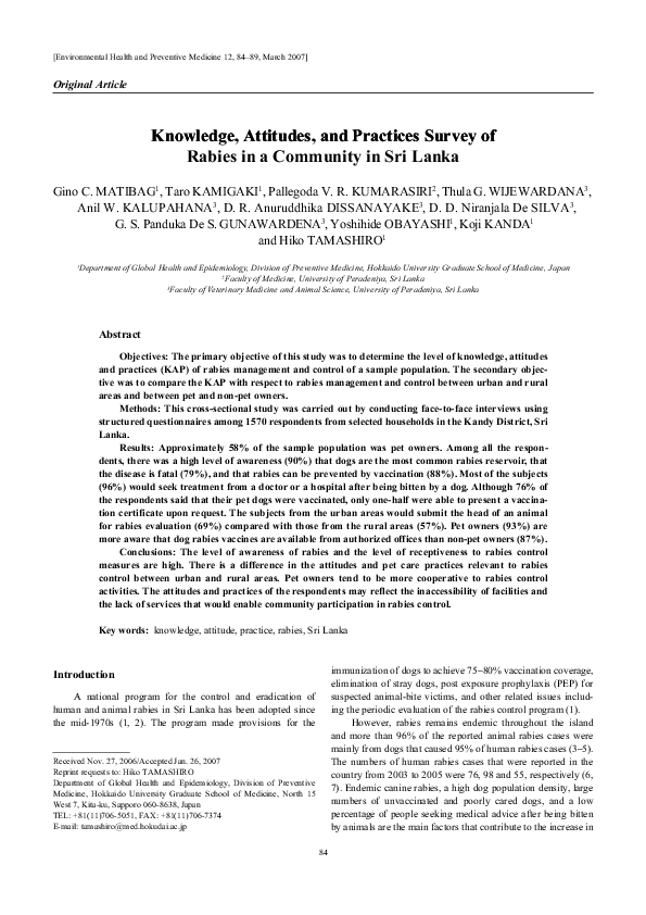 (PDF) Knowledge, attitudes, and practices survey of rabies in a community in Sri Lanka