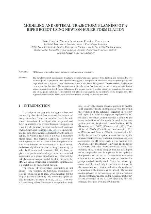 Pdf Modeling And Optimal Trajectory Planning Of A Biped Robot Using Newton Euler Formulation