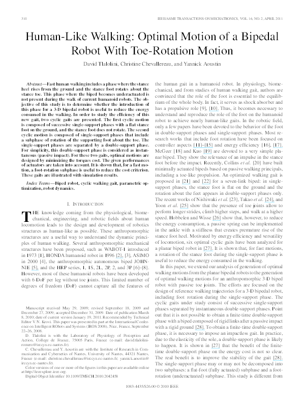 Pdf Human Like Walking Optimal Motion Of A Bipedal Robot With Toe Rotation Motion