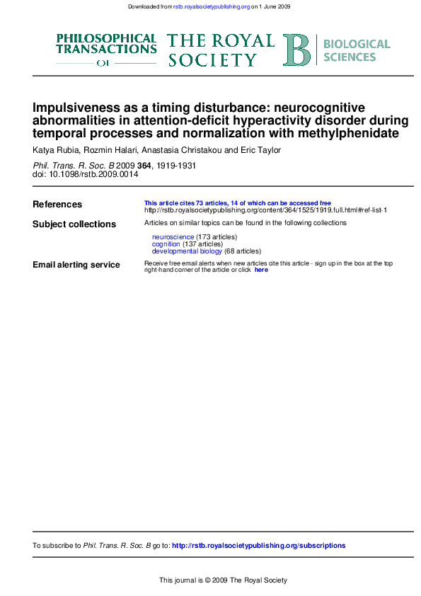 (PDF) Impulsiveness as a timing disturbance: neurocognitive abnormalities in attention-deficit ...